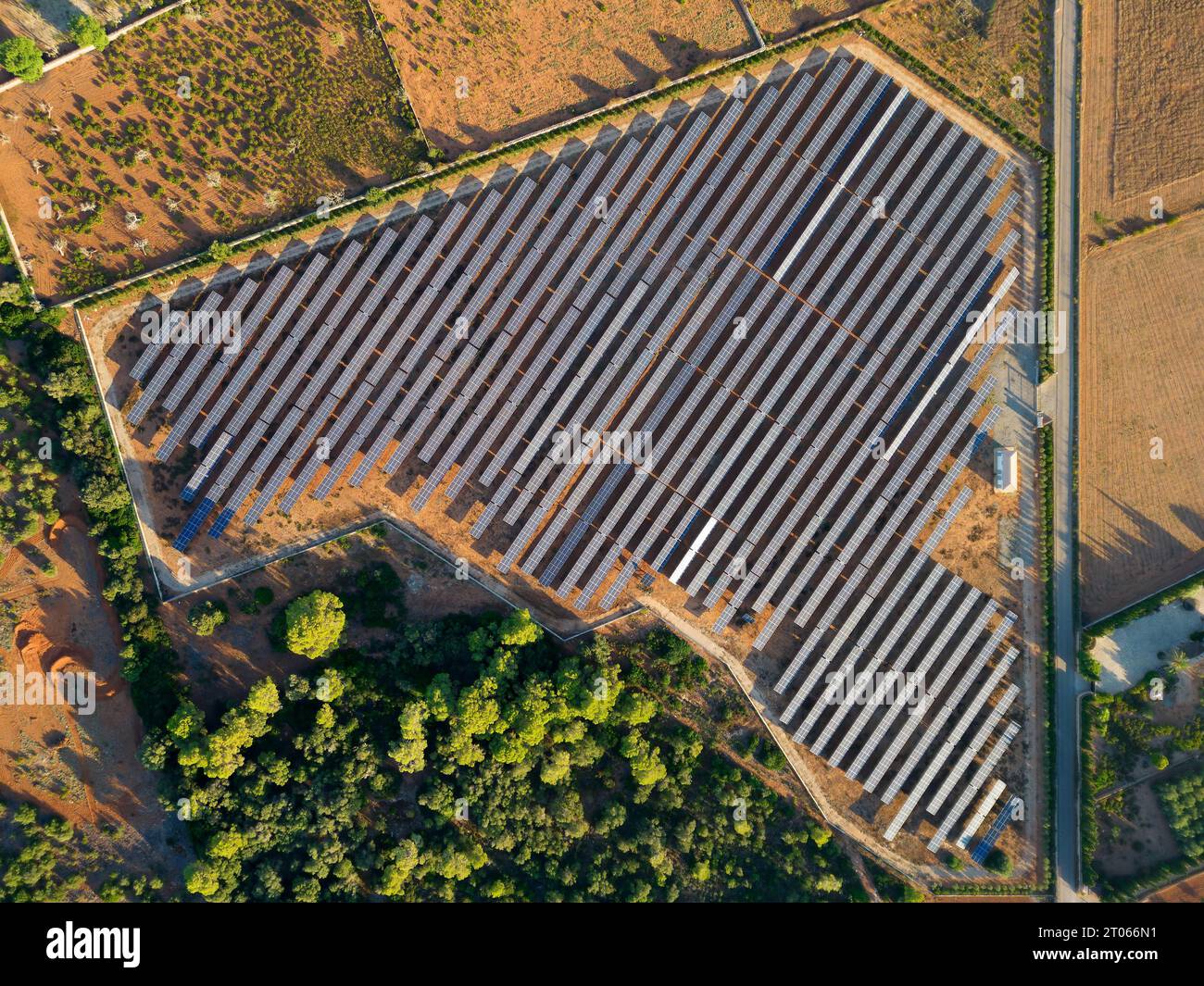 Aerial view from drone of photovoltaic solar panels farm during sunny ...