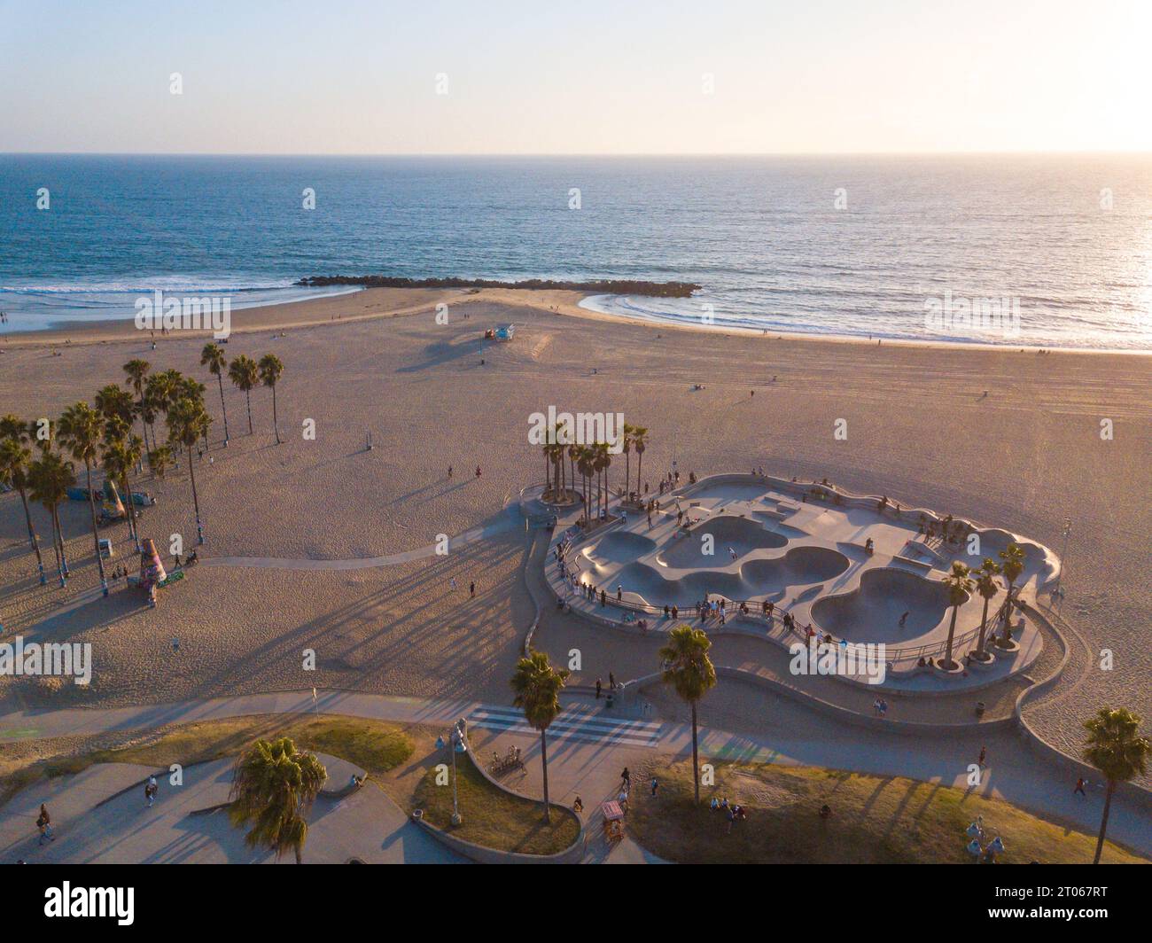 Aerial photos of the Venice Beach Skate Park taken with a drone during sunset. Long shadows of ...
