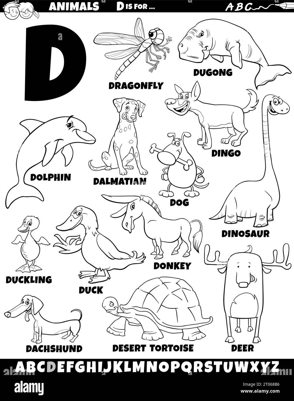 Cartoon illustration of animal characters set for letter D coloring ...