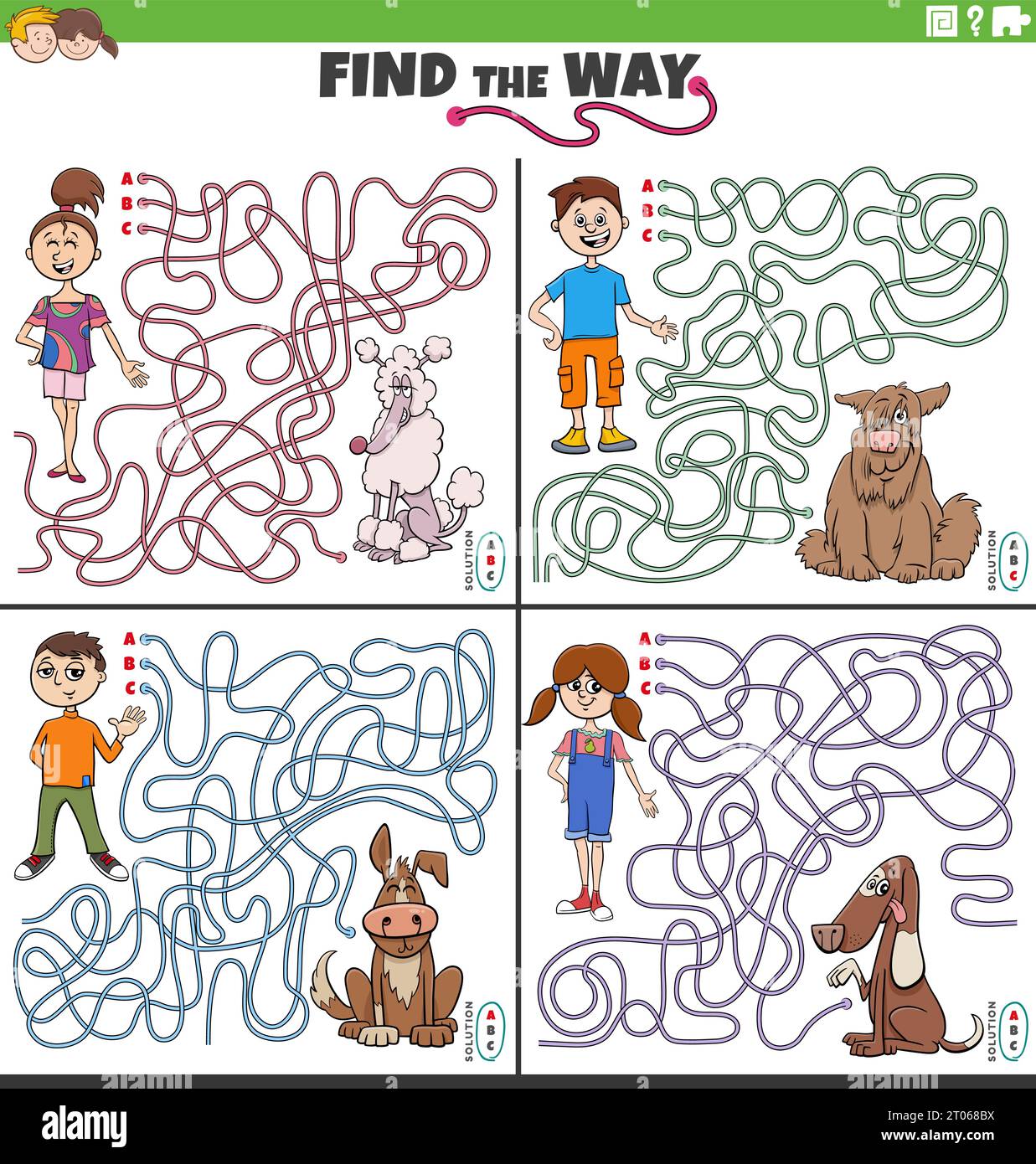 Cartoon illustration of find the way maze puzzle activities set with ...