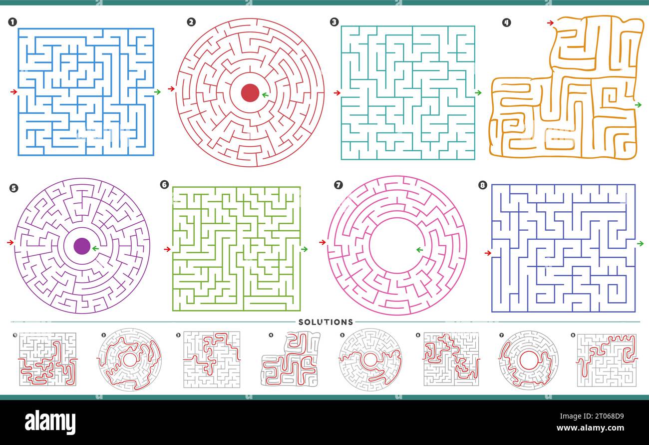 Illustration of maze puzzle activities graphs set with solutions Stock ...