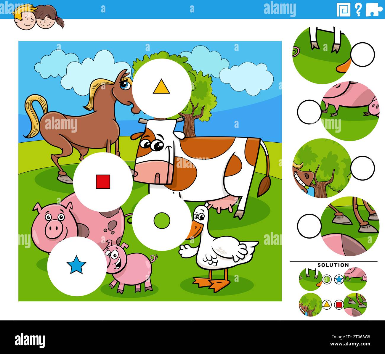 Cartoon illustration of educational match the pieces jigsaw puzzle game ...