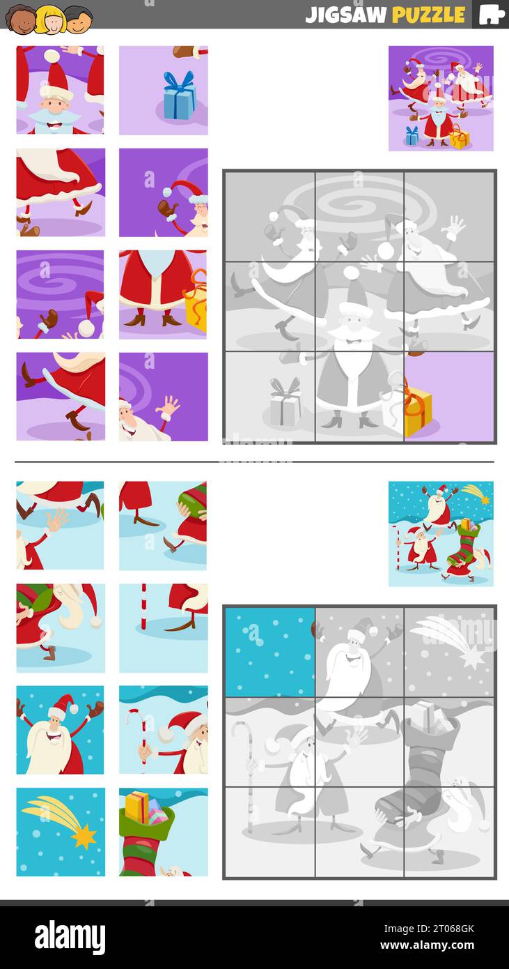 Cartoon illustration of educational jigsaw puzzle games set with Santa ...