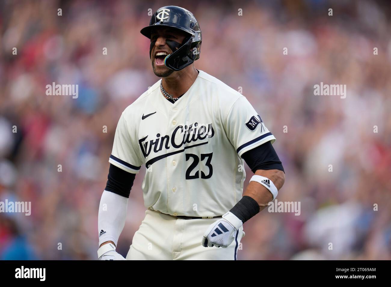 Minnesota Twins' Royce Lewis reacts after hitting a two-run home run ...