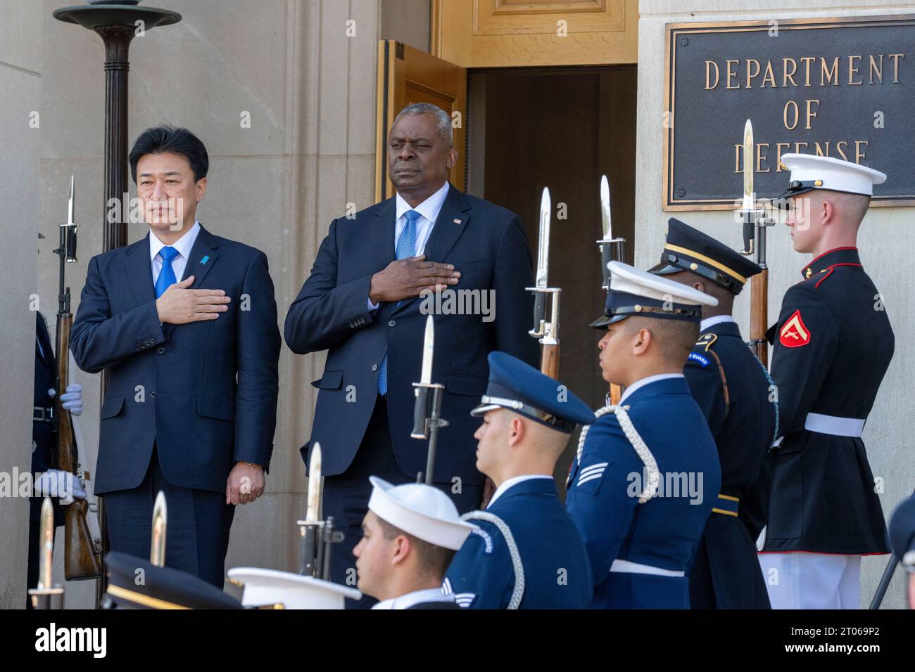 Secretary of Defense Lloyd Austin, right, stands with Japanese Defense ...