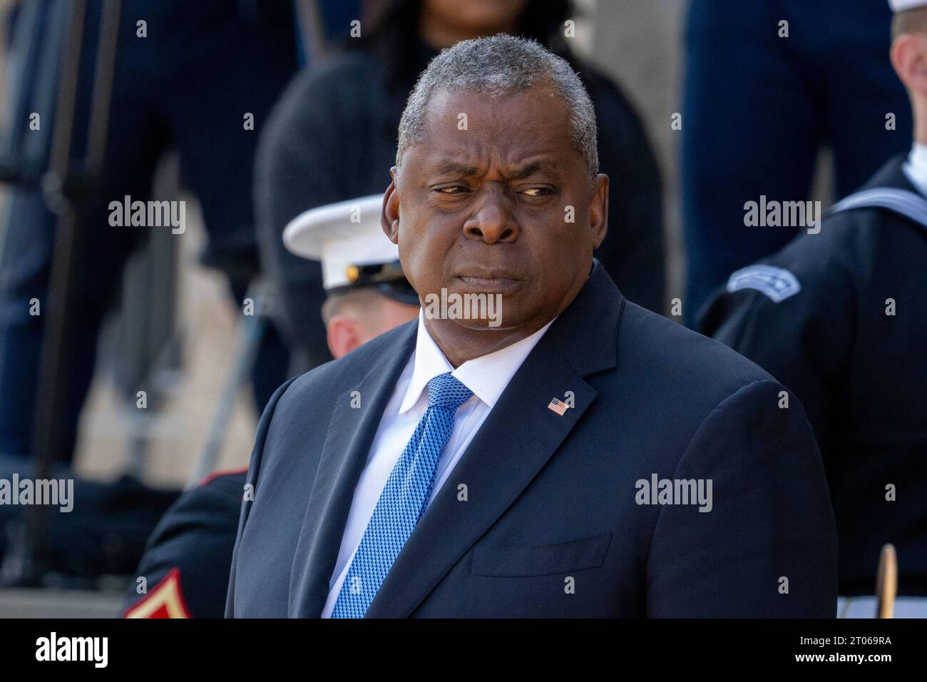 Secretary of Defense Lloyd Austin waits to greet Japanese Defense ...