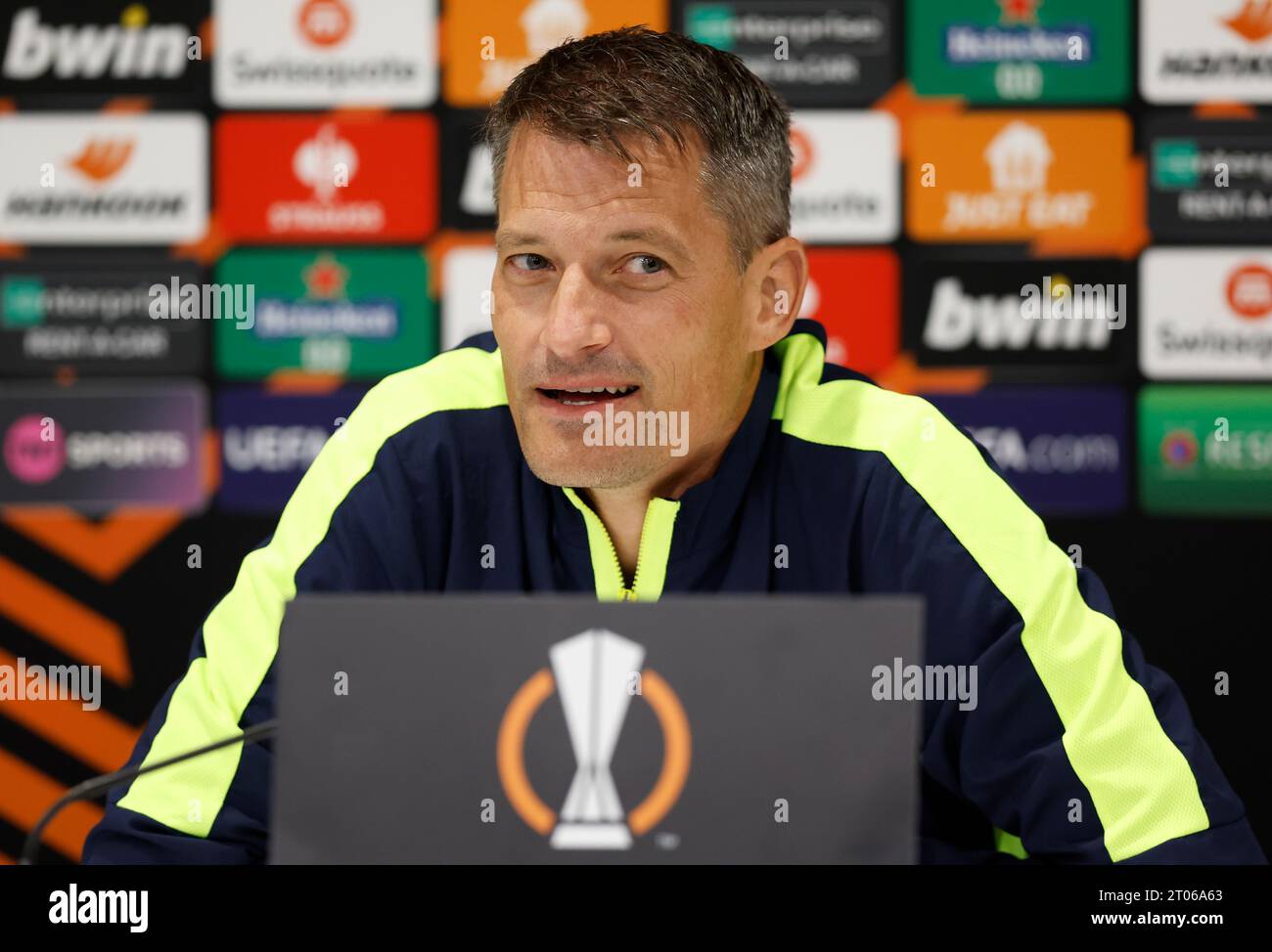Union SG manager Alexander Blessin during a press conference at Anfield ...