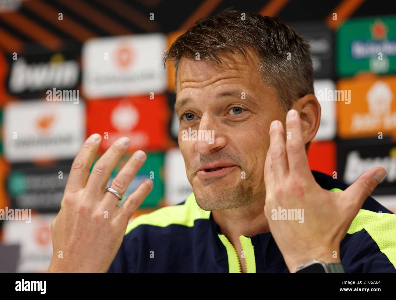 Union SG manager Alexander Blessin during a press conference at Anfield ...