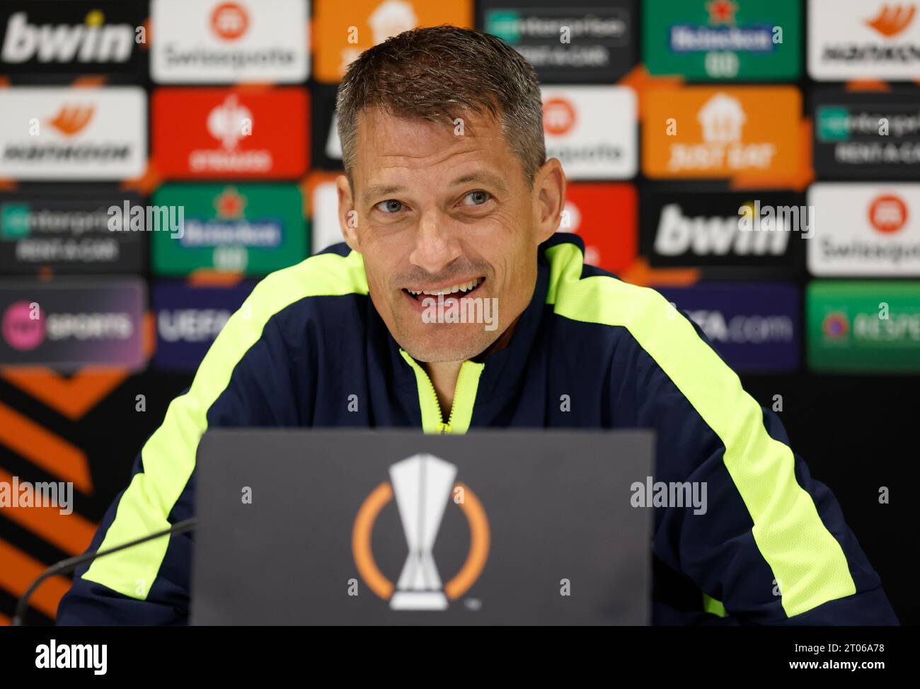 Union SG manager Alexander Blessin during a press conference at Anfield ...