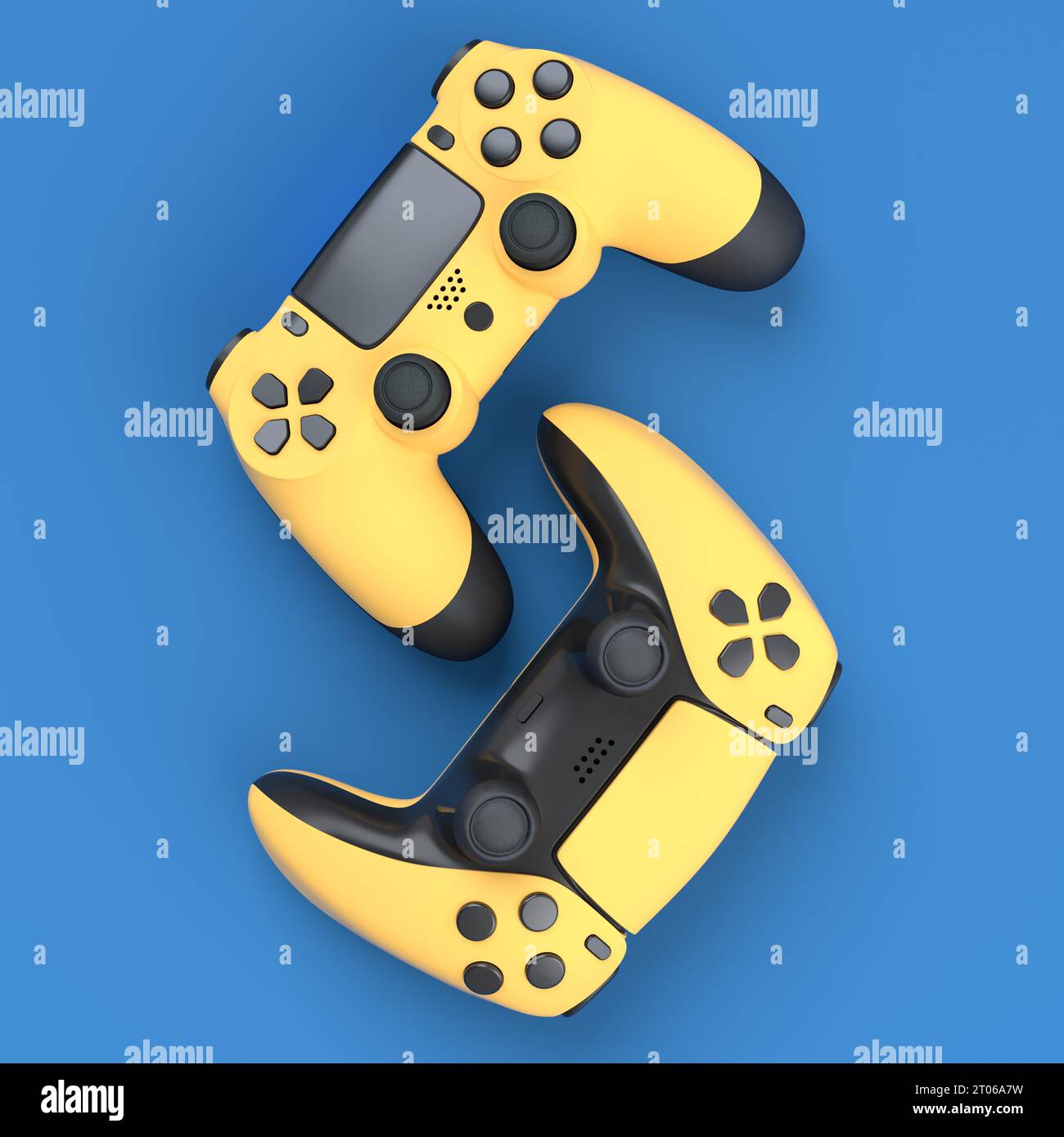Set of lying gamer joysticks or gamepads on blue background with blur ...