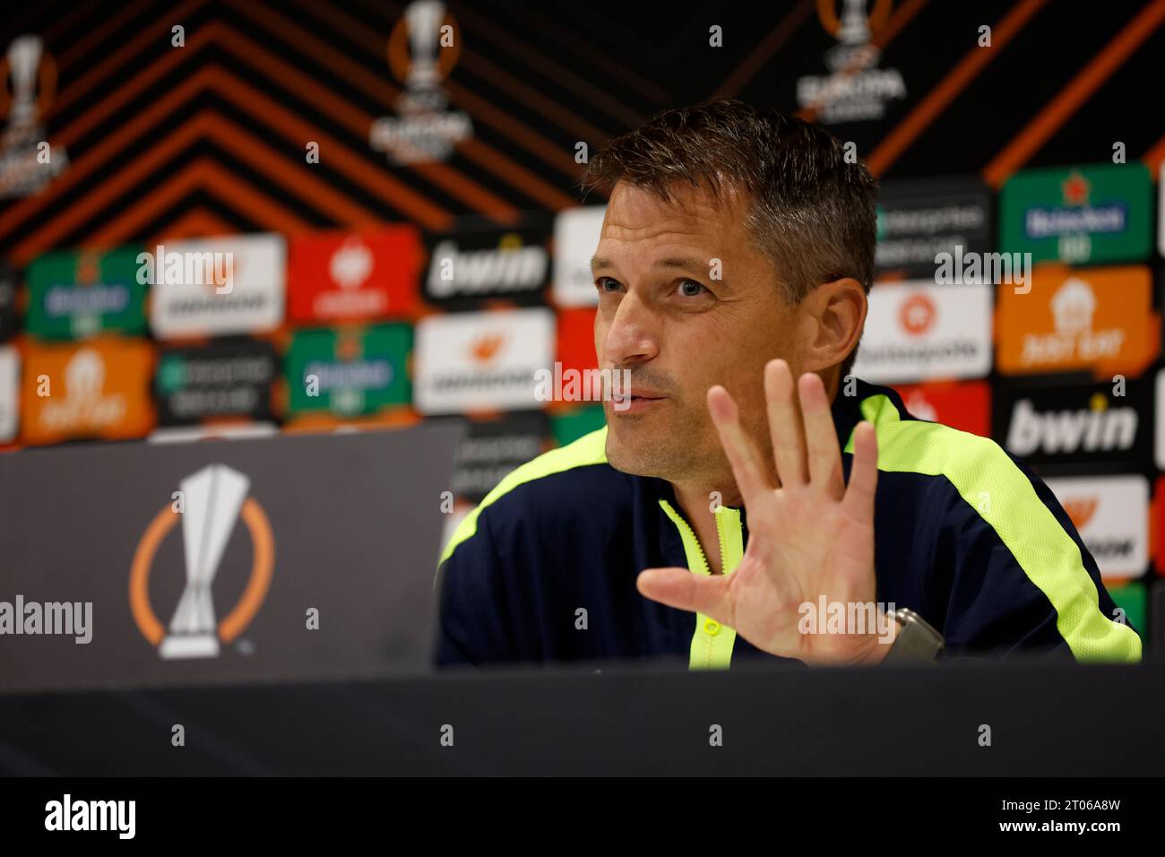 Union SG manager Alexander Blessin during a press conference at Anfield ...