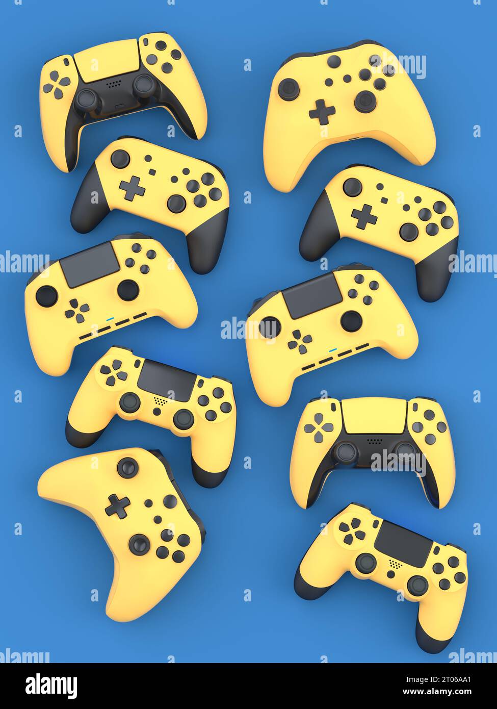 Set of flying gamer joysticks or gamepads on blue background. 3d render ...