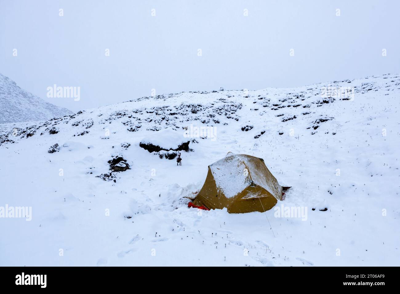 Tent in the snow. Camping in bad weather. Winter camping in mountains ...