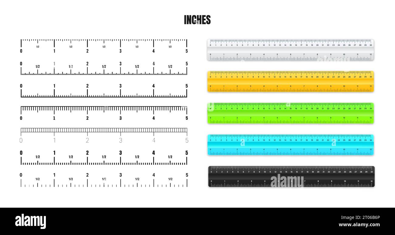 Realistic plastic rulers with black inch scale for measuring length or ...