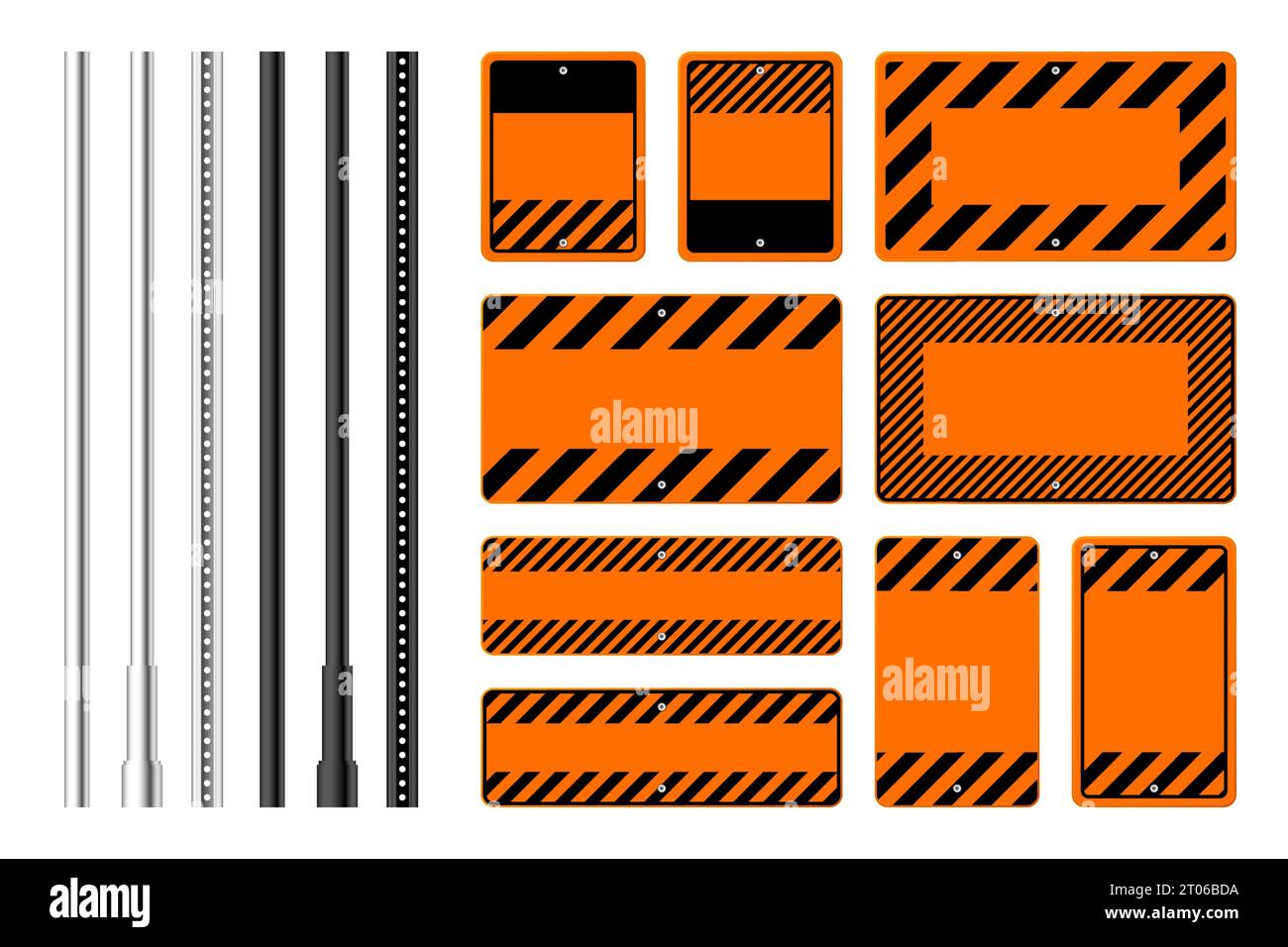Warning, danger signs, attention banners with metal poles. Blank orange ...