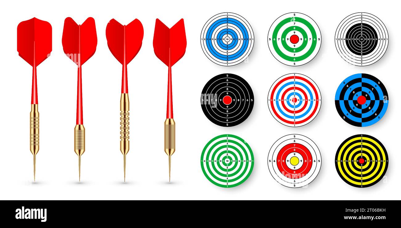 Paper targets with dart arrows and shadows. Shooting range round target ...