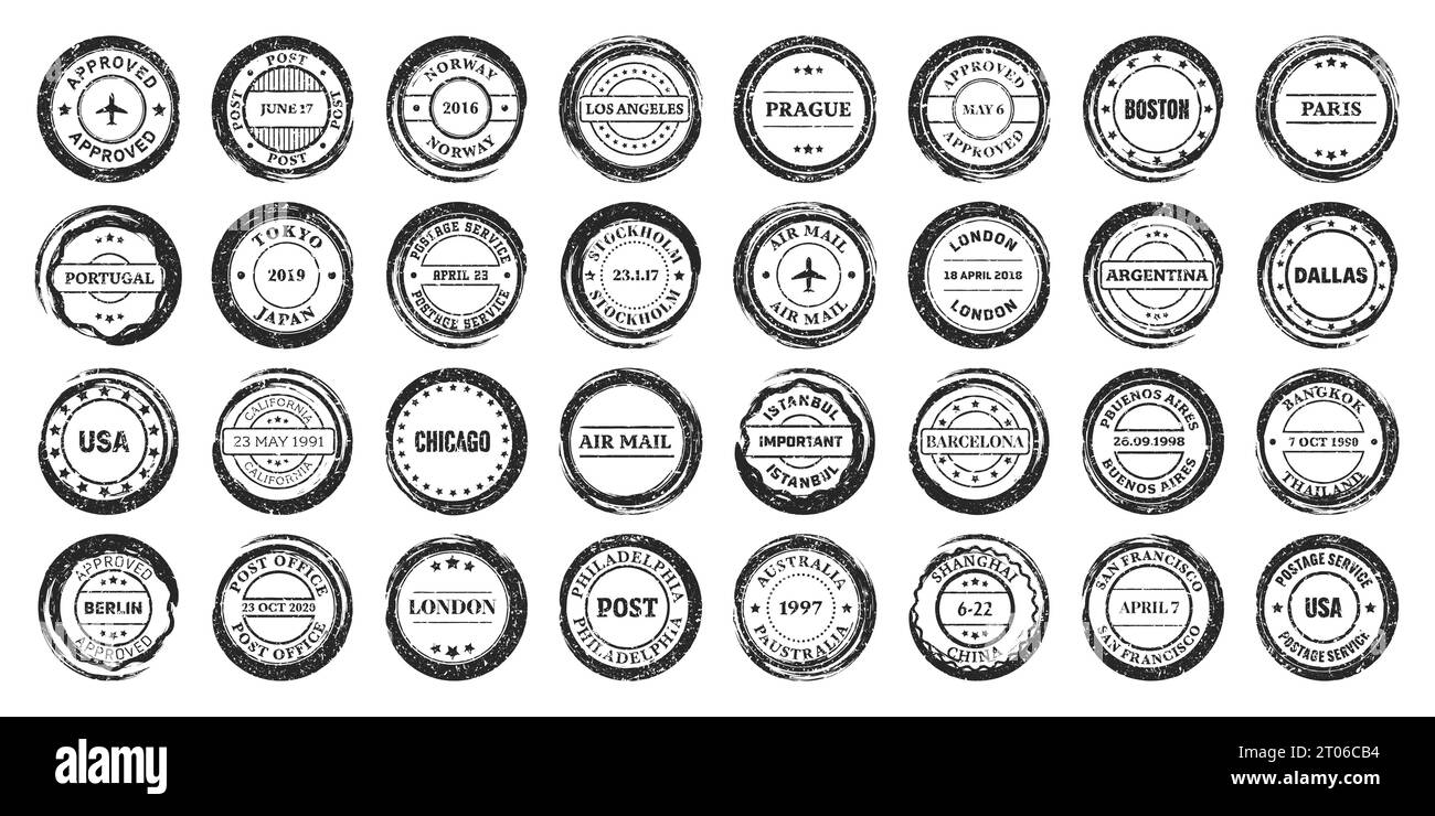 Post stamps, labels and badges. Grunge imprints and postmarks. Vintage ...