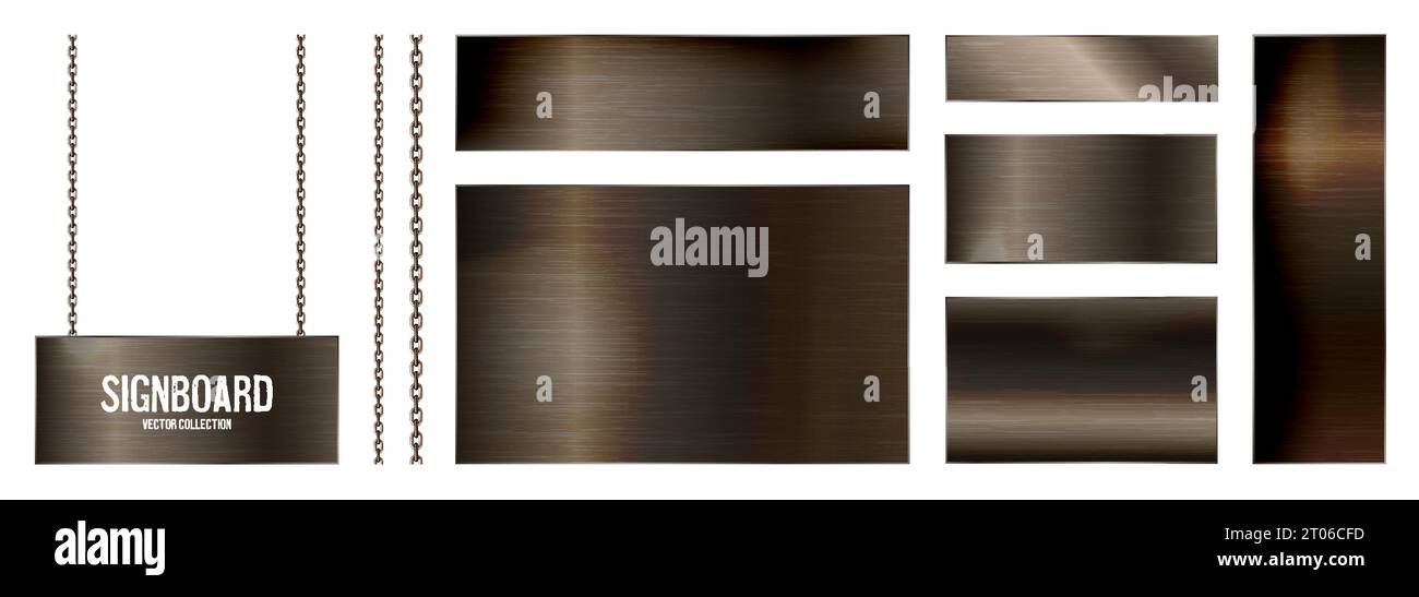 Metal banners hanging on a chain. Realistic shiny steel plate with ...