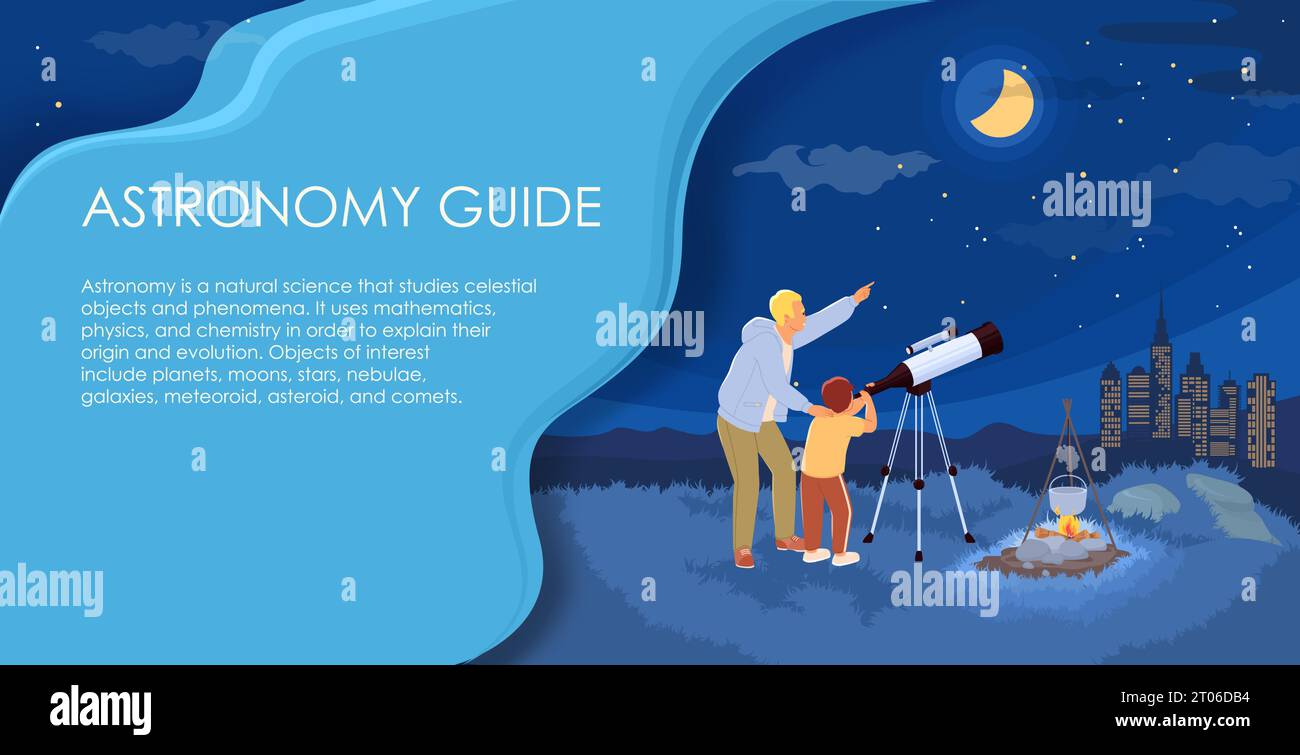 Astronomy guide advertising poster with dad and son observing night sky ...