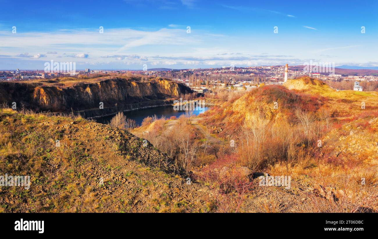 mountainous countryside landscape with quarry in autumn. scenery in ...