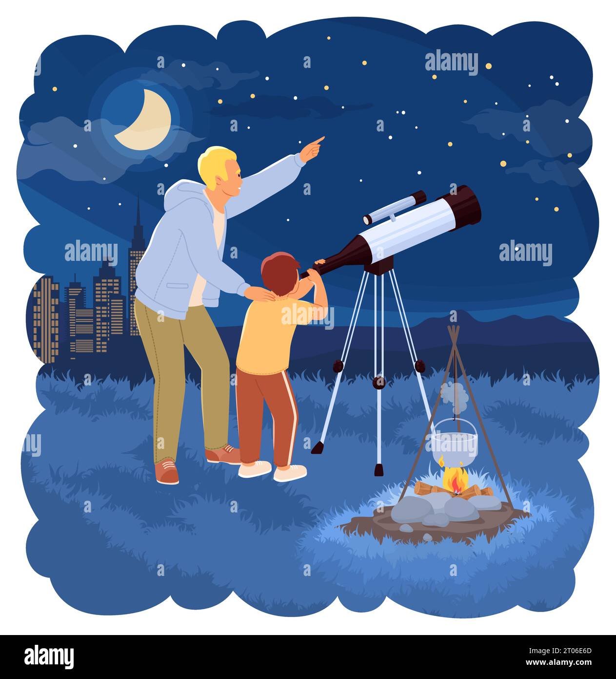 Father and son looking through telescope spending time together ...