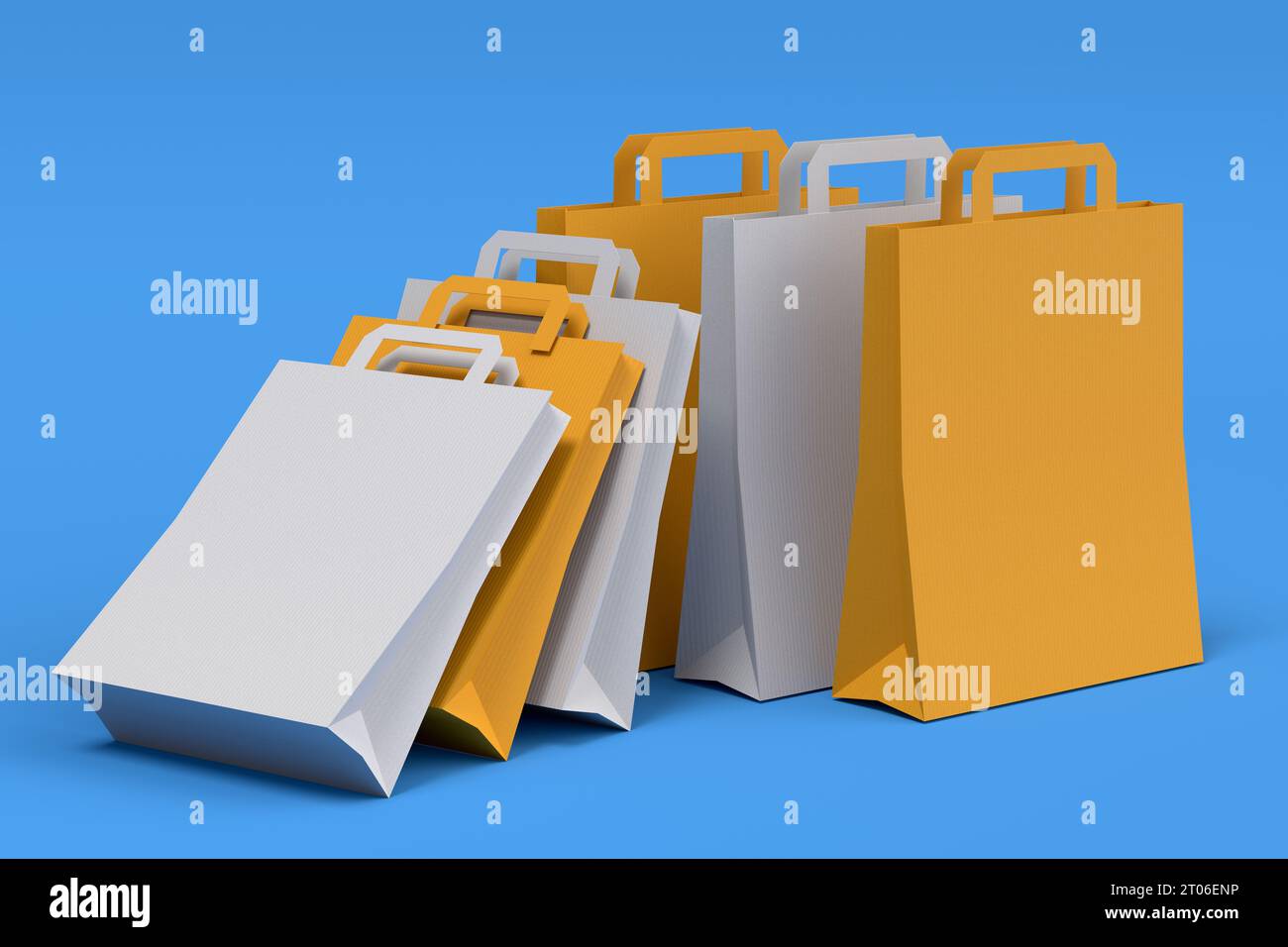 Shopping plastic basket for groceries with kraft paper bag on blue ...