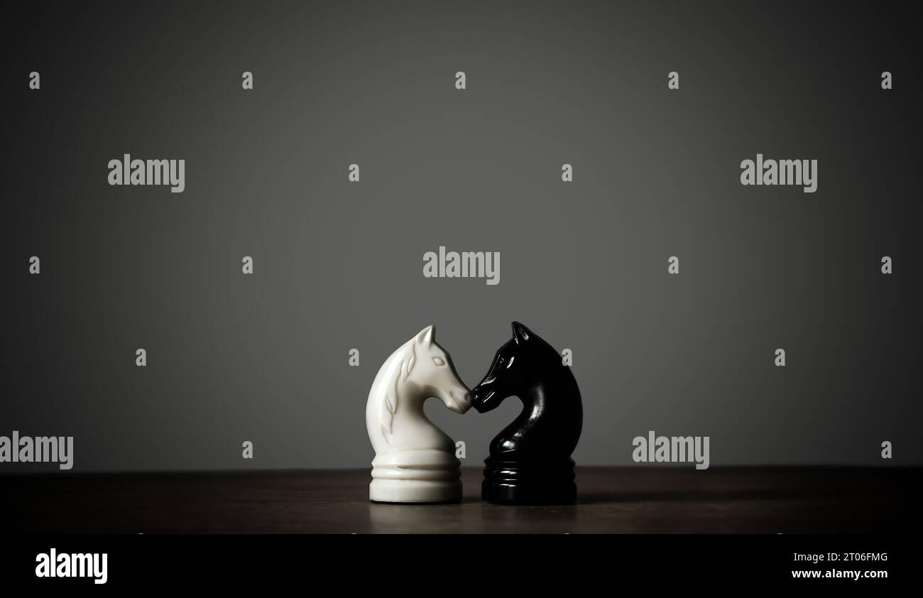Vintage chess pieces, black and white knight on dark gray background ...