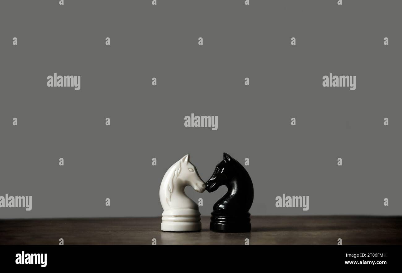 Vintage chess pieces, black and white knight on dark gray background ...