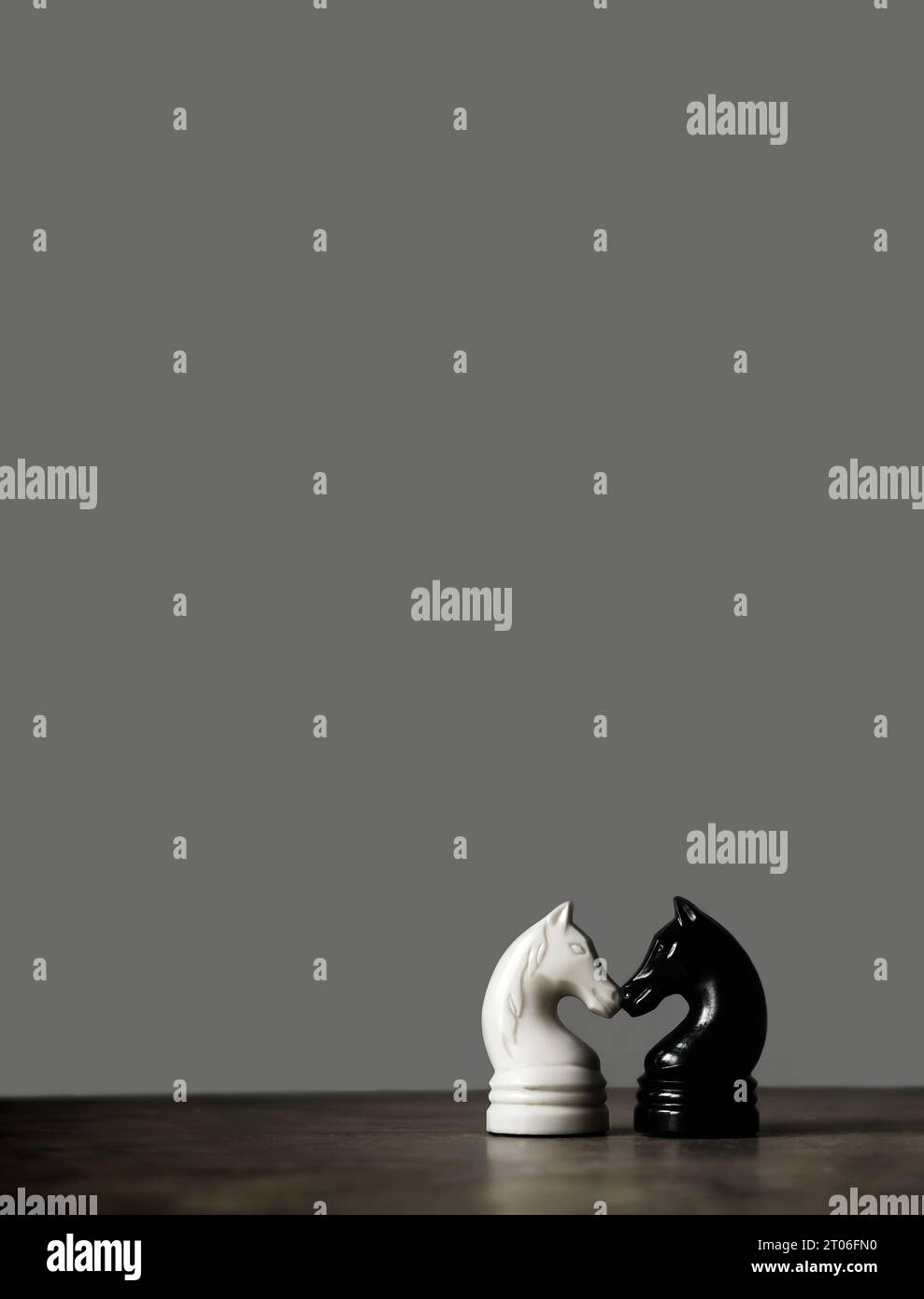 Vintage chess pieces, black and white knight on dark gray background ...