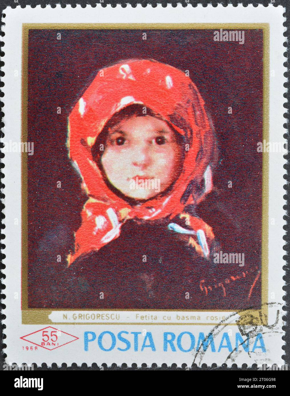 Cancelled postage stamp printed by Romania, that shows Girl in a Red ...