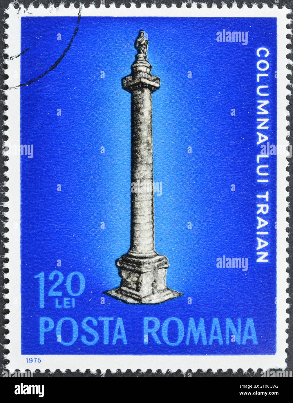 Cancelled postage stamp printed by Romania, that shows Traianus' Column ...