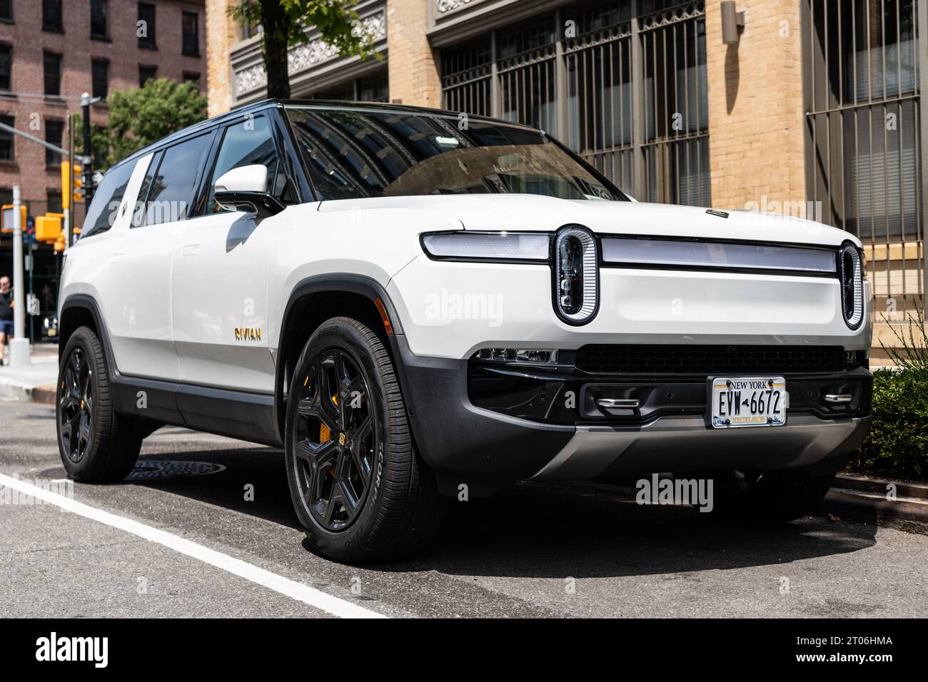 New York City, USA - August 06, 2023: Rivian R1S SUV electric white car ...