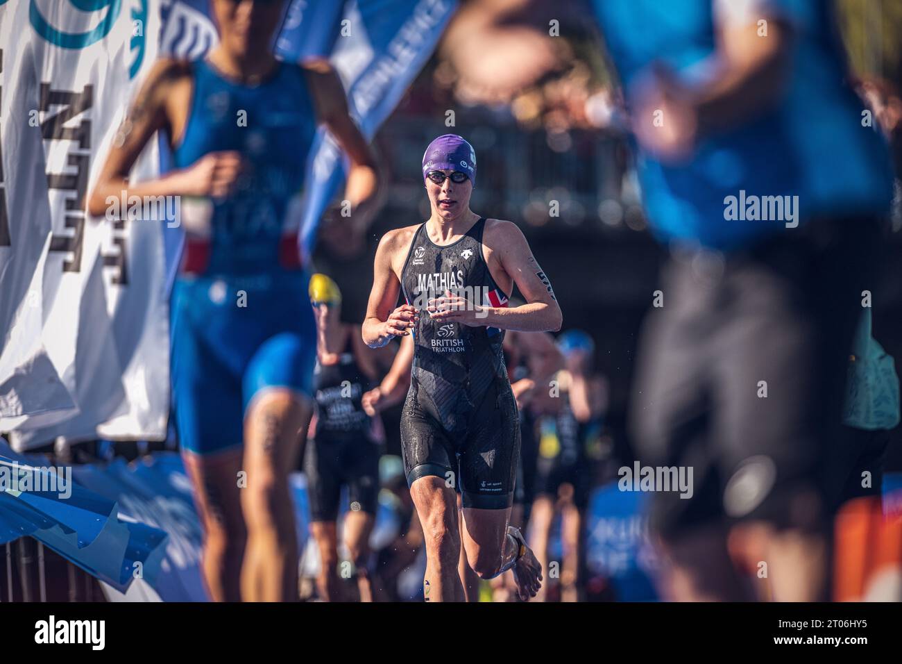 Olivia Mathias participating in Pontevedra in the 2023 World Triathlon ...