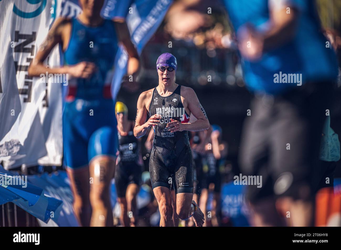 Olivia Mathias participating in Pontevedra in the 2023 World Triathlon ...