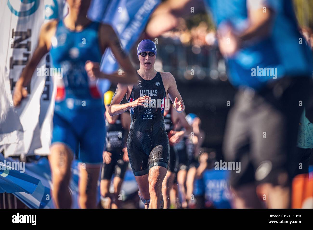 Olivia Mathias participating in Pontevedra in the 2023 World Triathlon ...