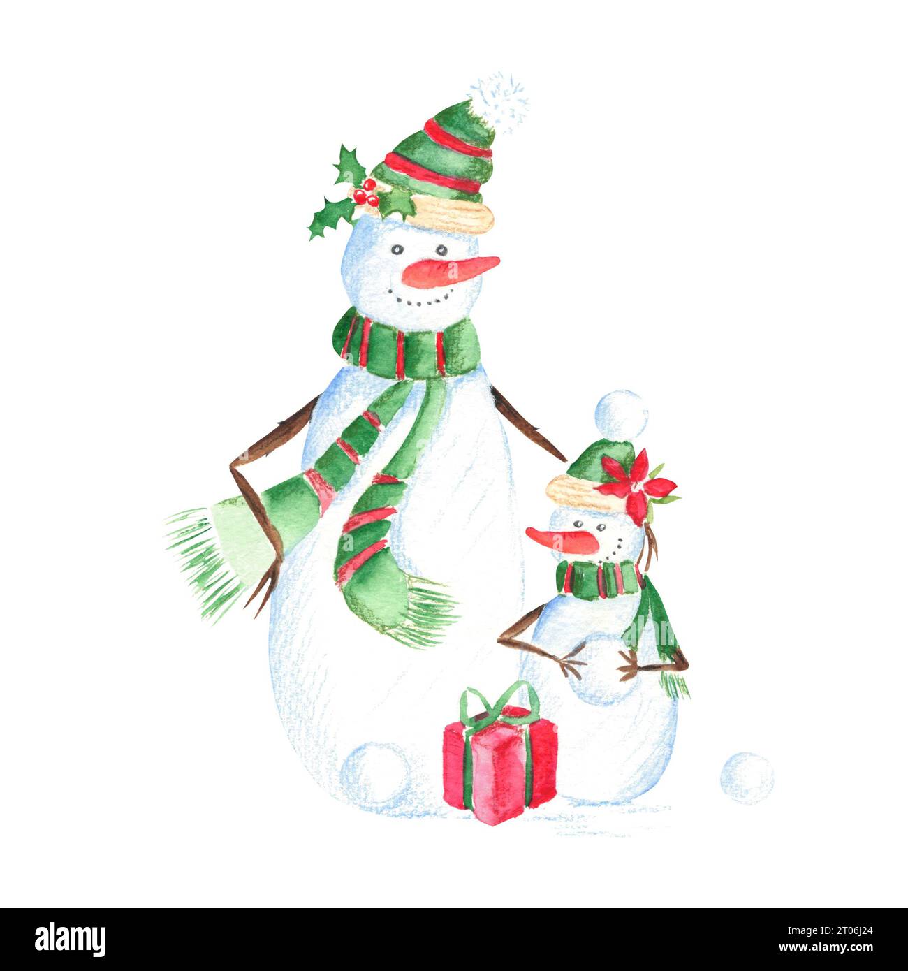 Christmas illustration with cute snowman family, present and snowballs ...