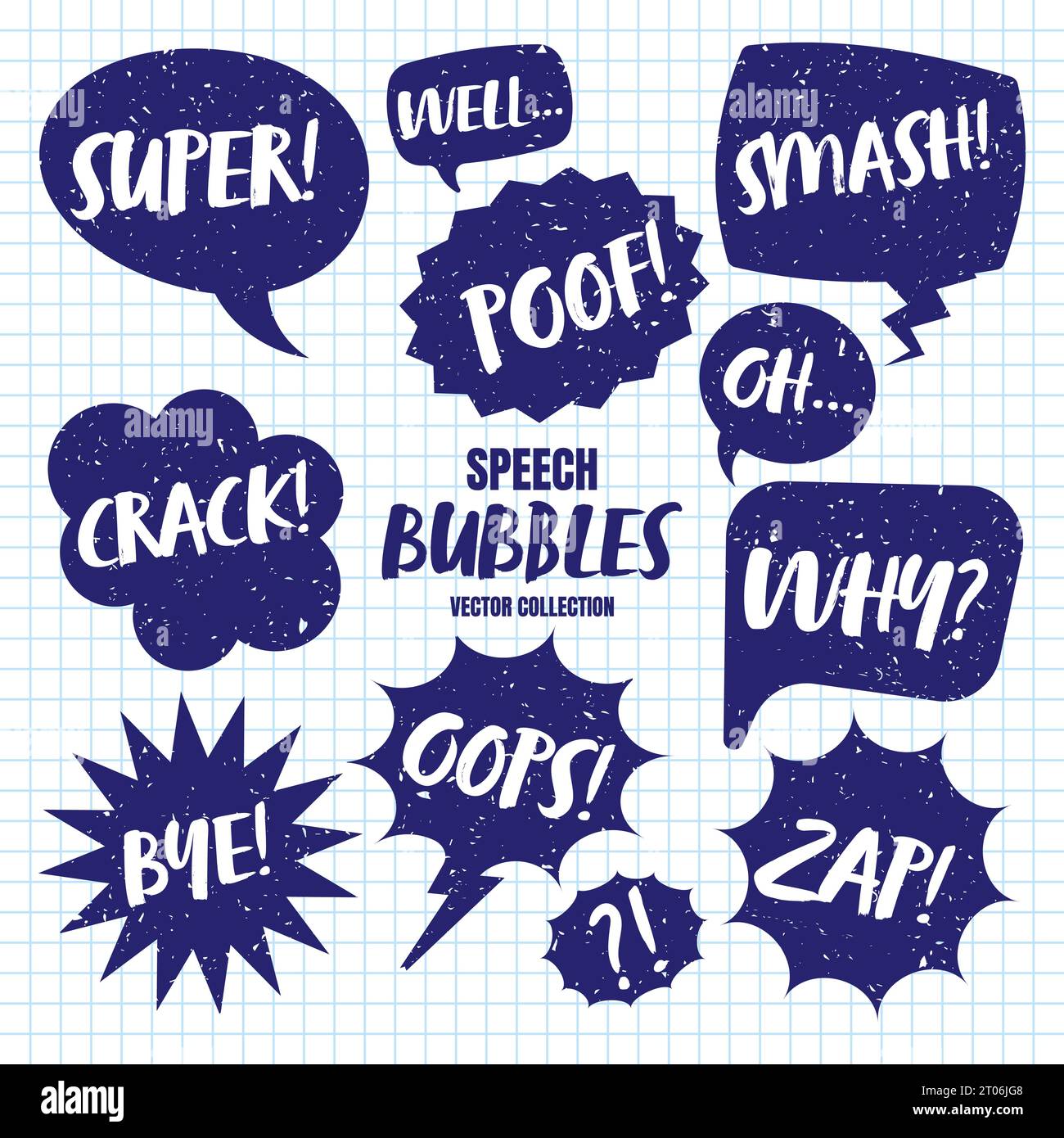 Hand drawn comic speech bubbles on checkered paper sheet. School ...
