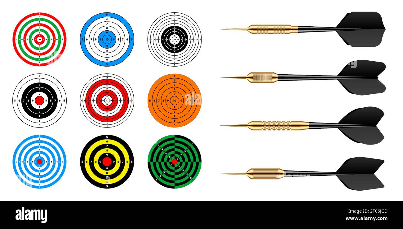 Paper targets with dart arrows. Shooting range round target, divisions ...