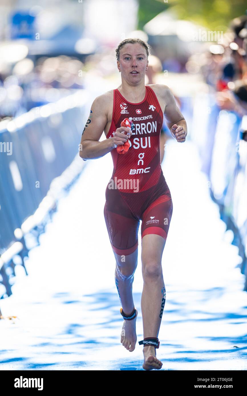 Julie Derron participating in Pontevedra in the 2023 World Triathlon ...