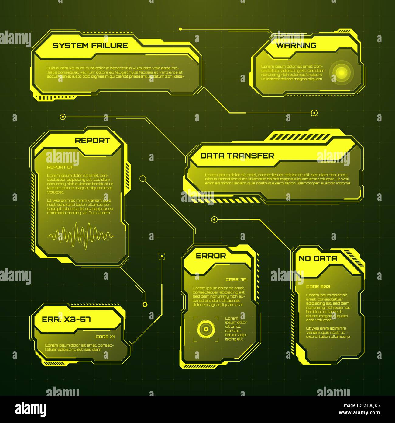 Yellow futuristic HUD, UI elements. Sci-fi user interface text boxes, callouts. Warning message ...