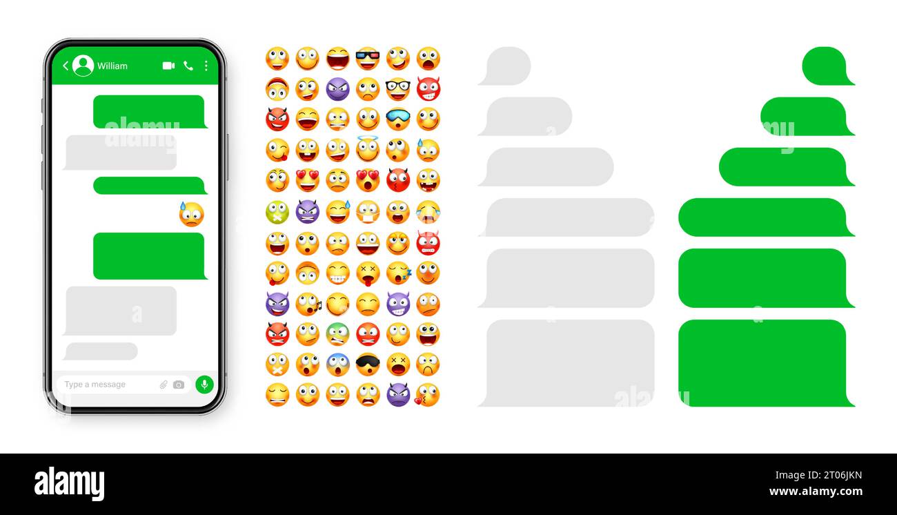 Smartphone messaging app, user interface design with emoji. SMS text ...