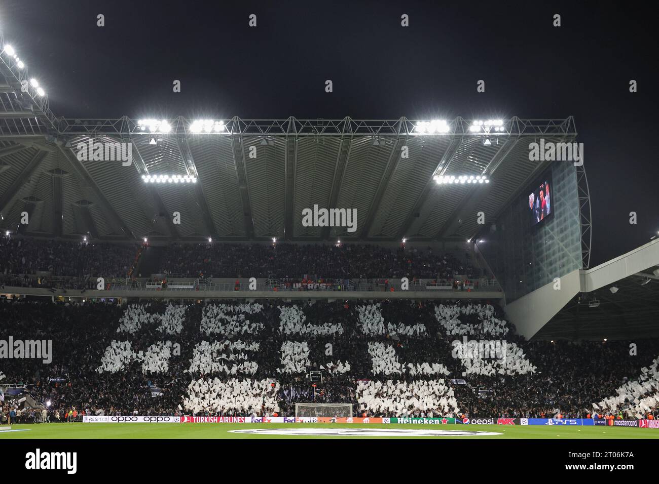 Newcastle United fans with a tifo display during the UEFA Champions League match Newcastle ...