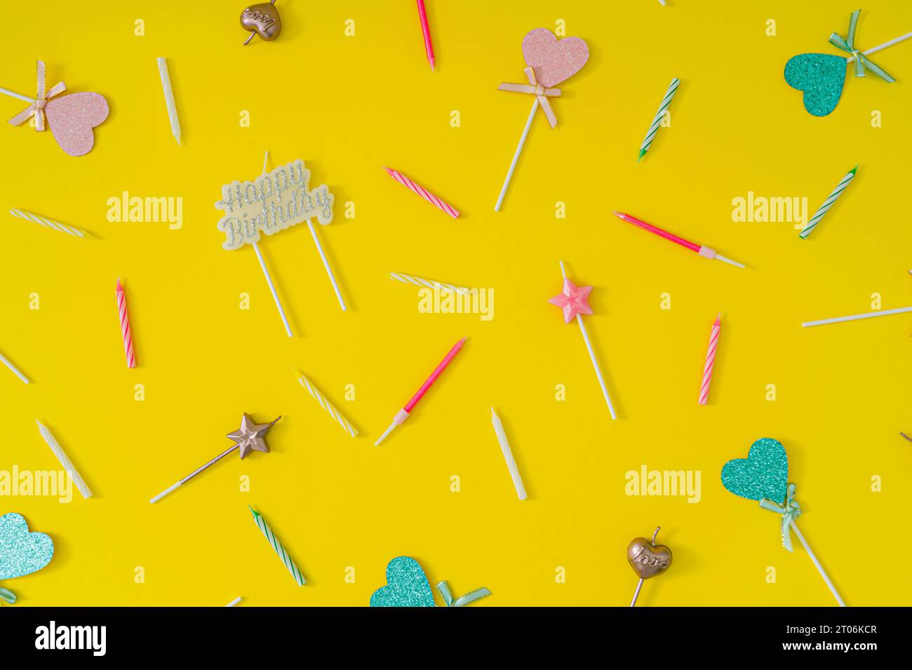Trendy pattern made of birthday party things on light yellow background ...