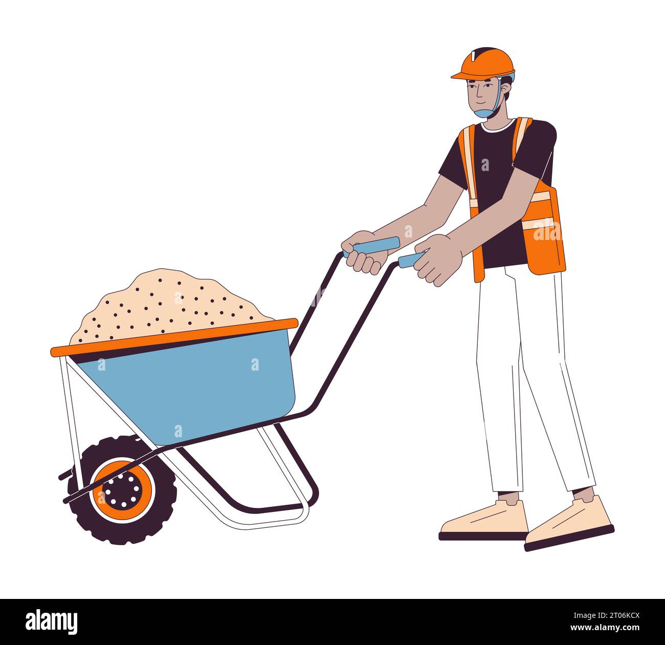 Construction worker transporting concrete on wheelbarrow cartoon flat ...
