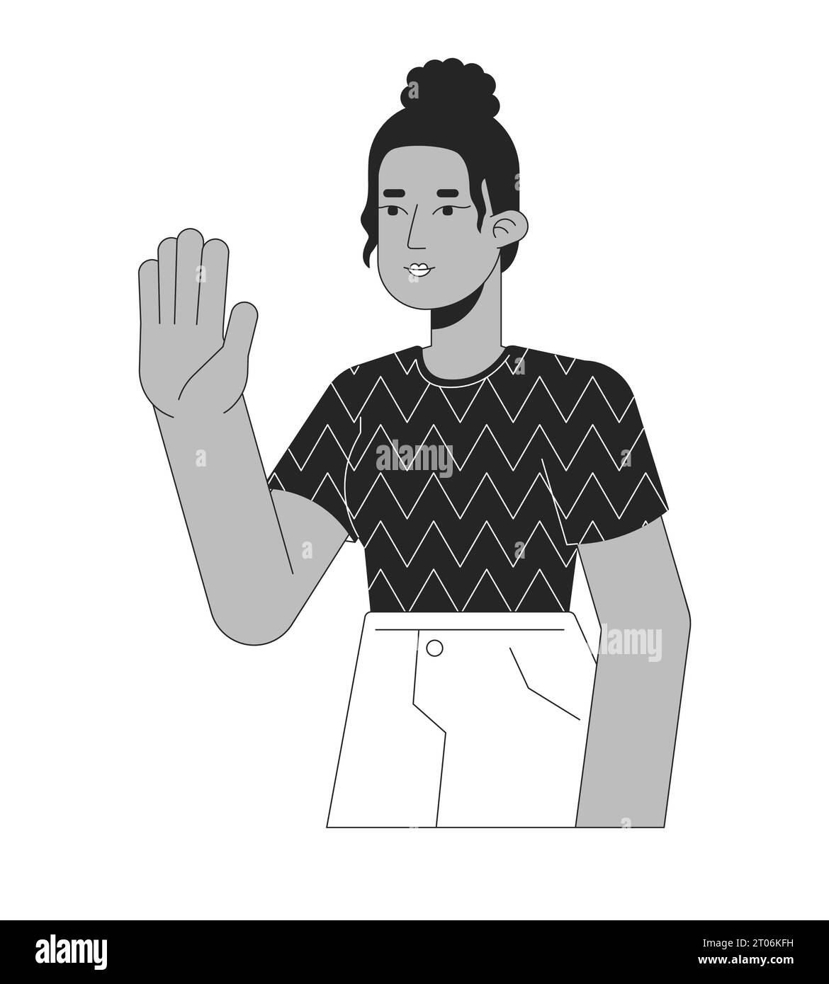 Top Knot Black Girl Saying Hi Black And White 2d Line Cartoon Character