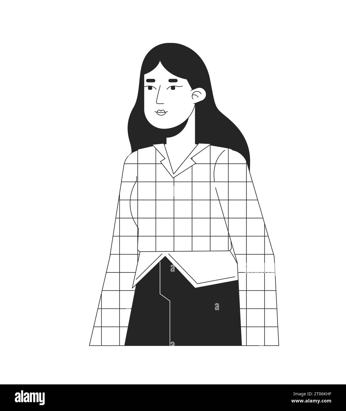 Long hair caucasian woman posing black and white 2D line cartoon character Stock Vector Image ...