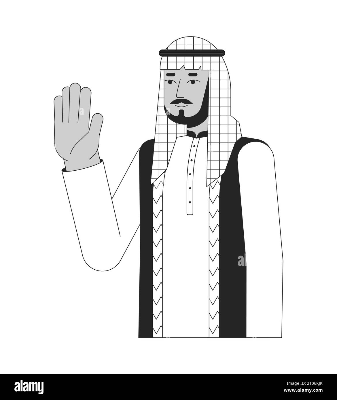 Saudi Arabian Man Waving Happy Black And White 2d Line Cartoon