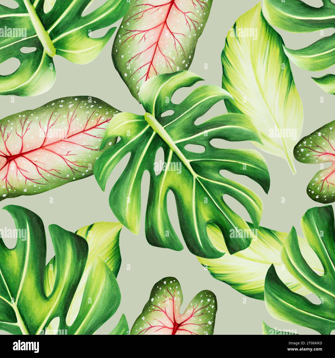 Watercolor seamless pattern with realistic tropical leafs. Illustration ...