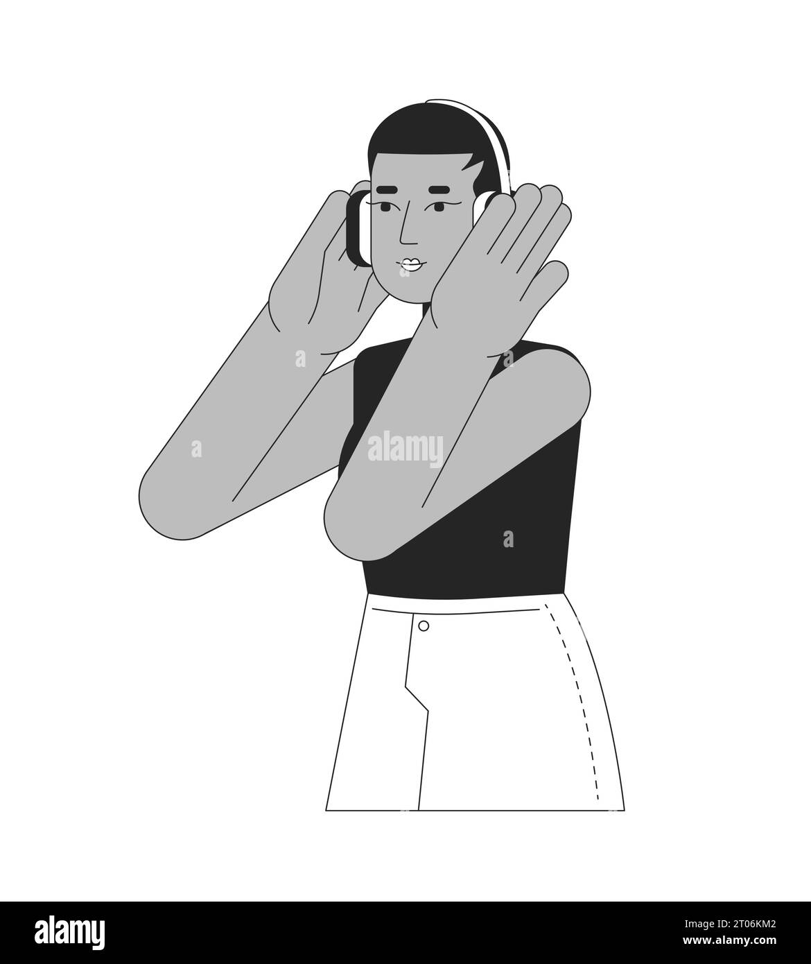 Short Hair African American Girl Headphones Black And White 2d Line