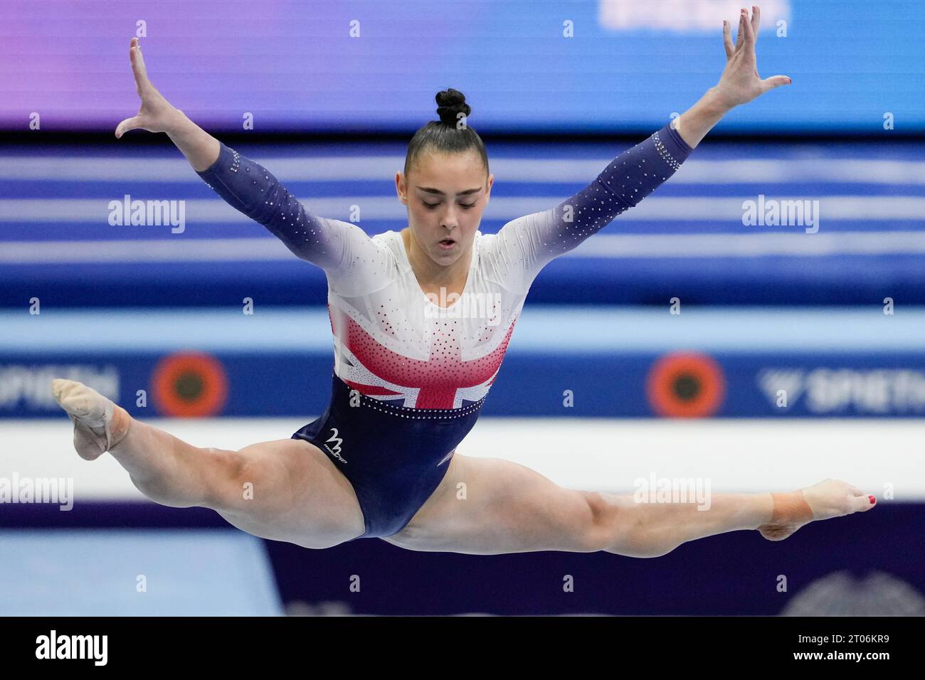 Great Britain's Jessica Gadirova competes on the beam during the women ...